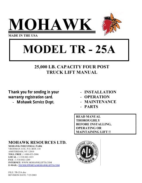 MODEL TR - 25A - Mohawk Lifts