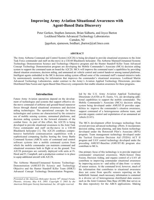 Improving Army Aviation Situational Awareness with Agent-Based ...