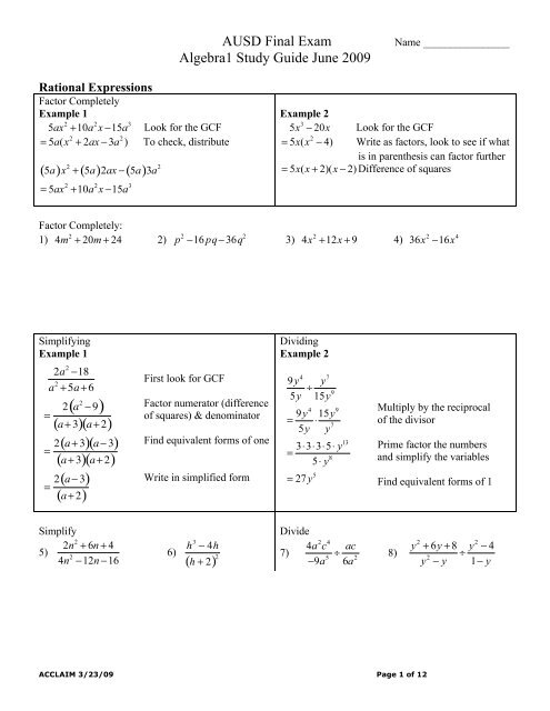 AUSD Final Exam Algebra1 Study Guide June 2009