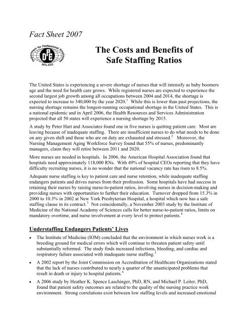 Fact Sheet 2007 The Costs and Benefits of Safe Staffing Ratios
