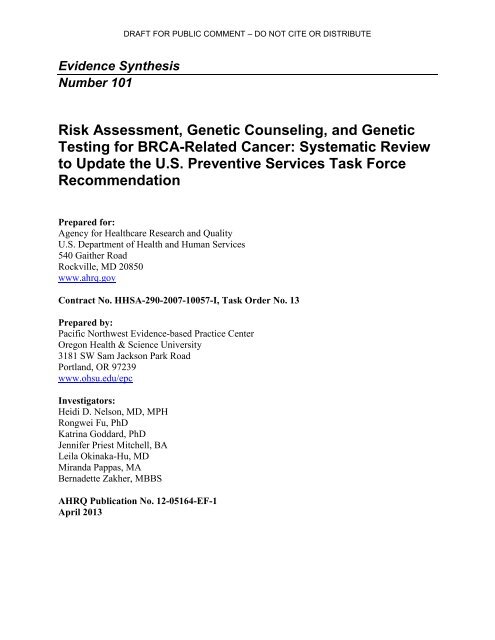 Risk Assessment, Genetic Counseling, and Genetic Testing for ...