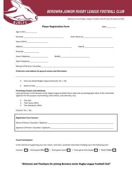 Registration Form - Berowra Junior Rugby League Football Club