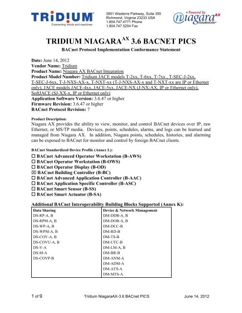 Tridium Niagara AX 3.6.47 JACE PICS - BACnet International
