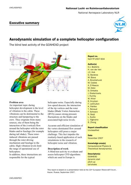 Aerodynamic simulation of a complete helicopter configuration - NLR