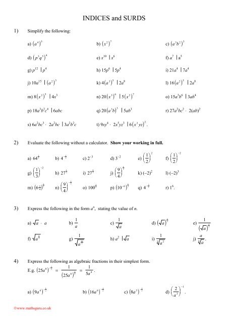 INDICES and SURDS ( ) INDICES and SURDS ( )
