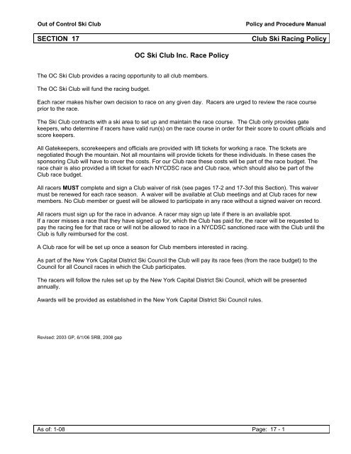 OC Racing Policy, Release, and Race Rules - Out of Control Ski Club