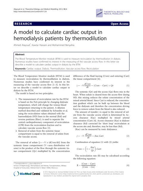 A model to calculate cardiac output in hemodialysis patients by ...