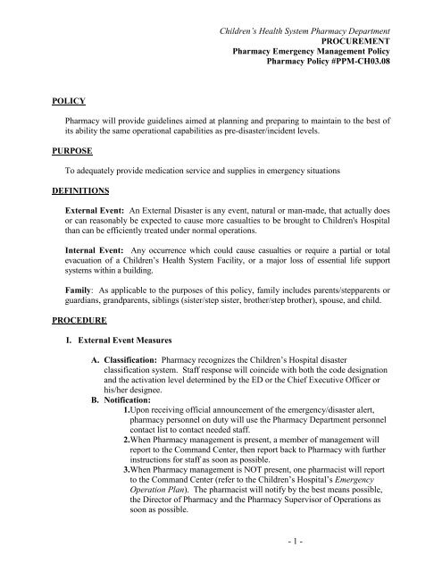 Pharmacy Emergency Management Policy - Children's of Alabama