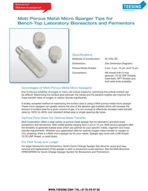 Mott Micro Sparger Bioreactor Fermentors T - Teesing