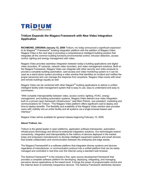 Tridium Expands the Niagara Framework with New Video ...