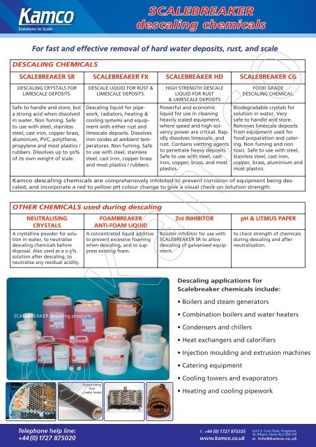 Scalebreaker Descaling Chemicals data sheet - Kamco