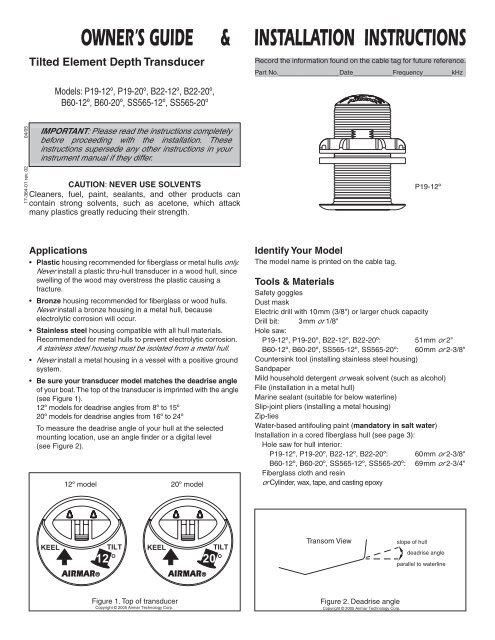 Raymarine Model B60 Bronze Thru-hull Depth Transducer Owner's ...