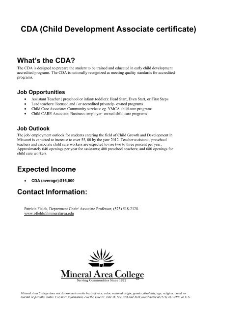 CDA (Child Development Associate certificate) - Mineral Area College CDA (Child Development Associate certificate) - Mineral Area College