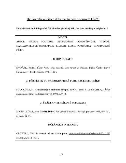 BibliografickÃ© citace dokumentÅ¯ podle normy ISO 690