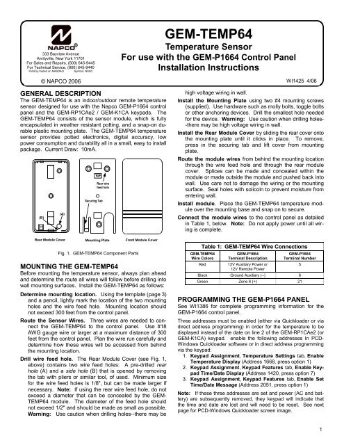 GEM-TEMP64 Temperature Sensor Installation Instructions - Napco