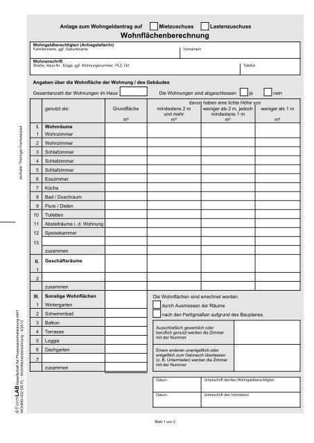 Anlage zum Wohngeldantrag auf Mietzuschuss / Lastenzuschuss