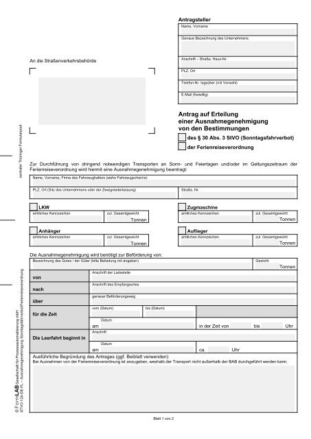 Antrag auf Erteilung einer Ausnahmegenehmigung von den ...