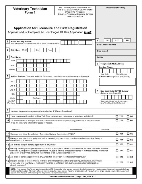 Veterinary Technician Form 1 Application for Licensure and First ...
