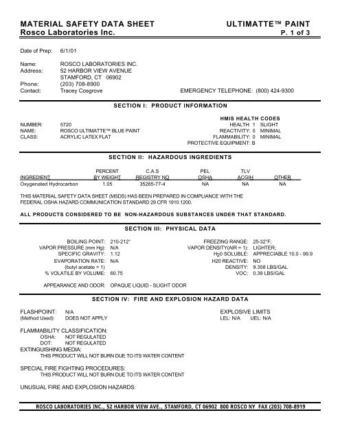 MATERIAL SAFETY DATA SHEET ULTIMATTE™ PAINT Rosco ...
