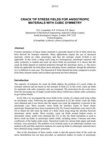 crack tip stress fields for anisotropic materials with cubic symmetry