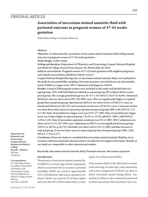 Association of meconium stained amniotic fluid with perinatal ...