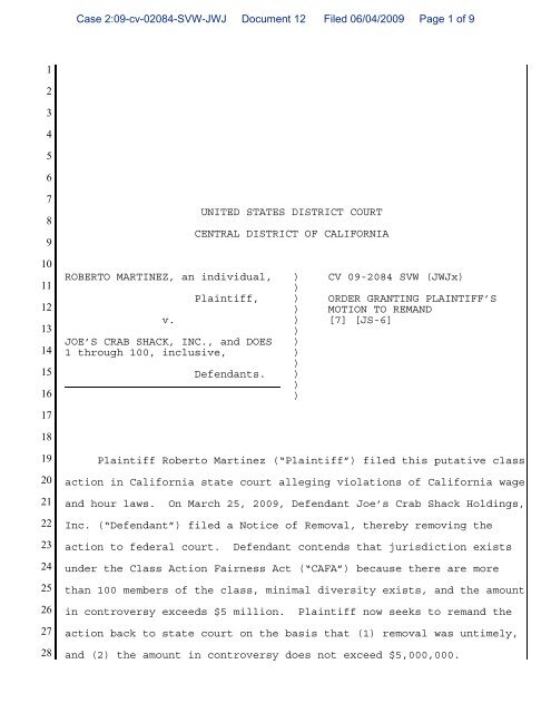 Order Granting Plaintiff's Motion to Remand - California Labor Law ...
