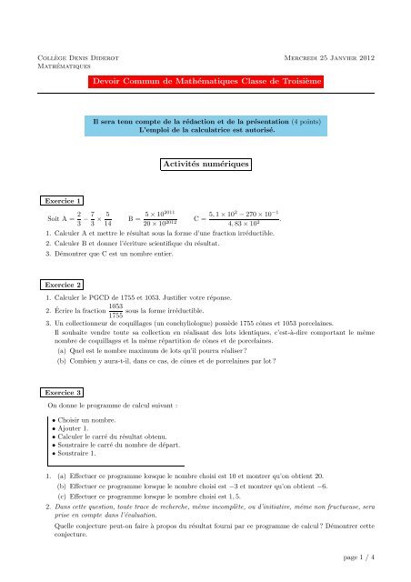Devoir Commun De Mathã Matiques Classe De Troisi Eme Activitã S