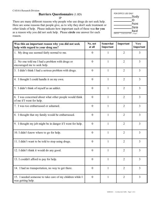 Barriers Questionnaire (1.0D)
