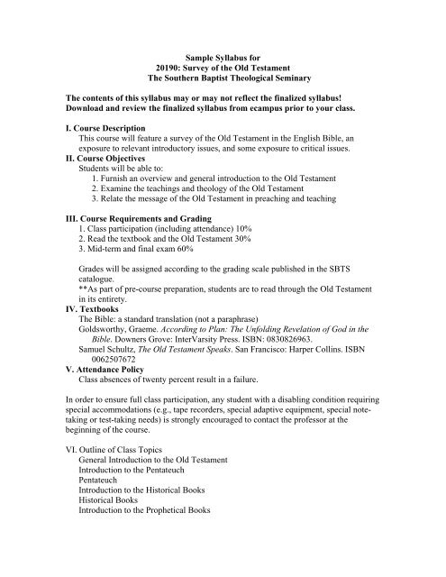 Sample Syllabus for 20190: Survey of the Old Testament The ...