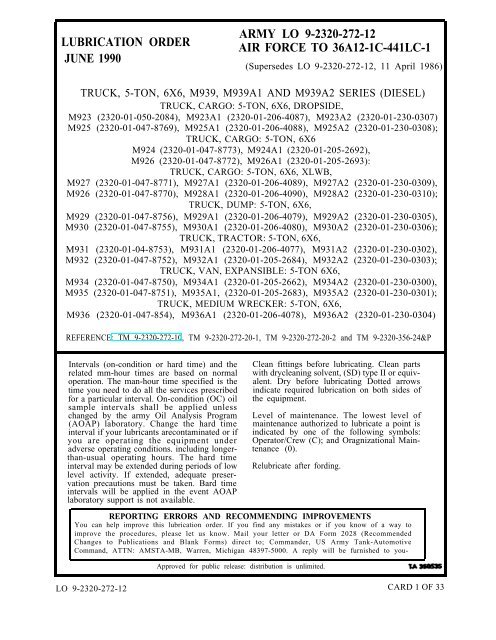 LUBRICATION ORDER ARMY LO 9-2320-272-12 AIR FORCE TO ...