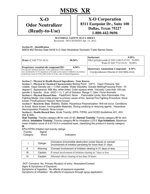MSDS for X-O Odor Neutralizer - Nixalite