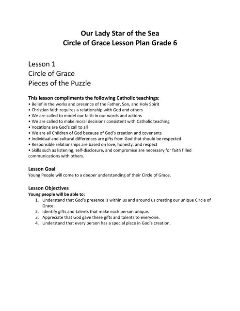 Our Lady Star of the Sea Circle of Grace Lesson Plan Grade 6 ...