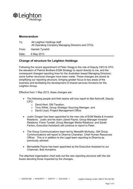 Memorandum Change of structure for Leighton Holdings