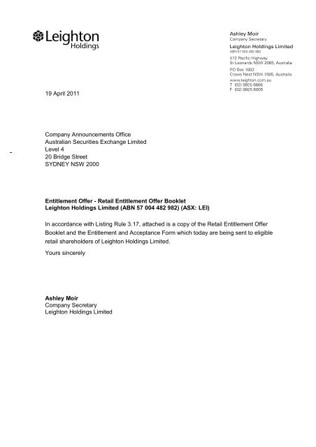Entitlement Offer - Leighton Holdings