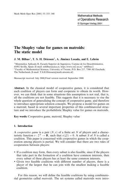 The Shapley value for games on matroids - Universidad de Sevilla
