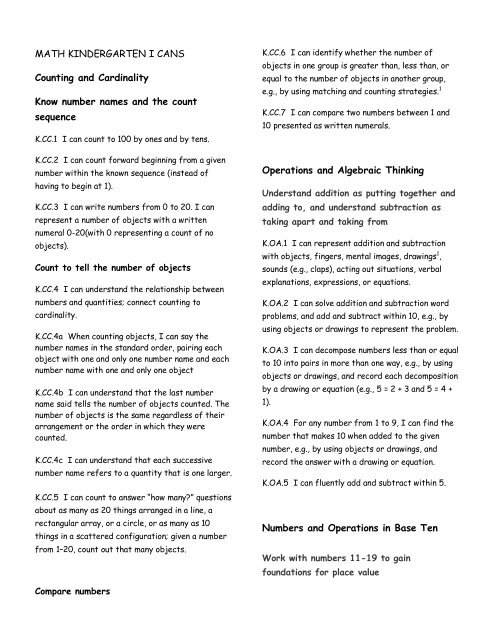 MATH KINDERGARTEN I CANS Counting and Cardinality Know ...