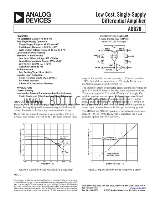 AD626 Low Cost, Single-Supply Differential Amplifier Data Sheet ...