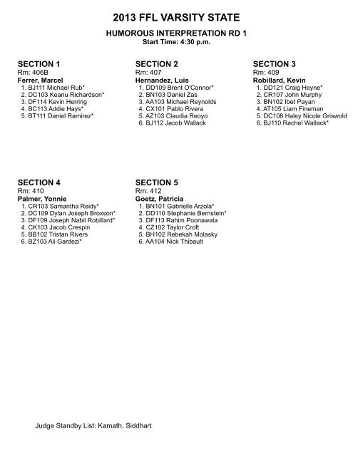 Humorous Interpretation - Preliminary Round 1-5 Sectioning