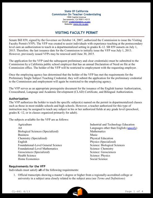 Visiting Faculty Permit - Commission on Teacher Credentialing ...