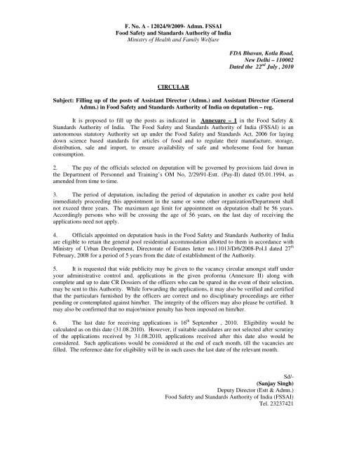 (Admn.) and Assistant Director (General Admn.).. - Food Safety and ...