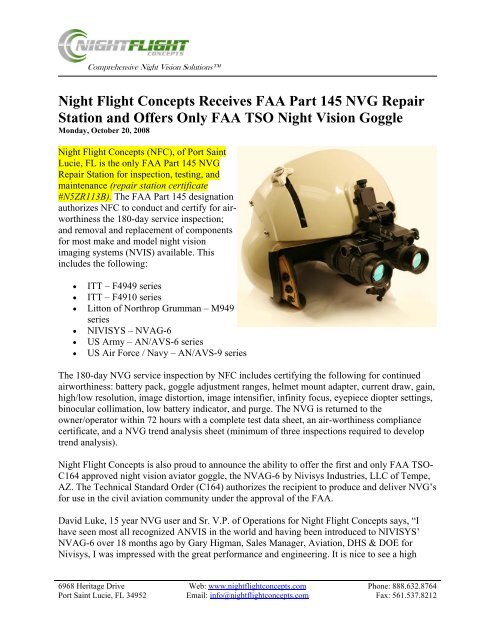 Night Flight Concepts Receives FAA Part 145 NVG Repair Station ...