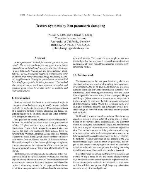 Texture Synthesis By Non Parametric Sampling