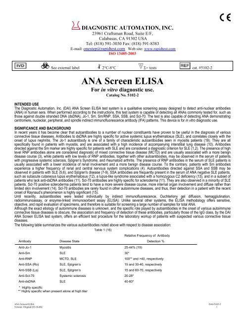ANA Screen ELISA - ELISA kits - Rapid tests