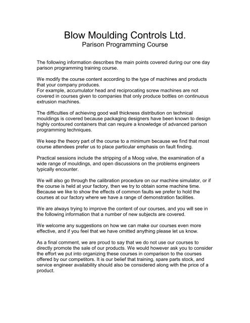 Parison programming course - Blow Moulding Controls