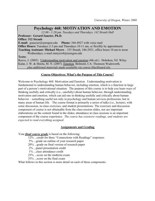 Psychology 468: MOTIVATION AND EMOTION - University of Oregon