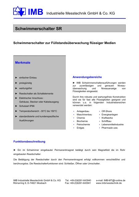 Schwimmerschalter SR - IMB Industrielle Messtechnik GmbH & Co. KG