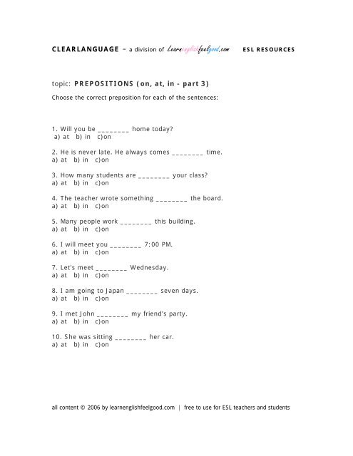 PREPOSITIONS - LearnEnglishFeelGood.com