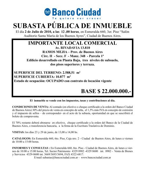 SUBASTA PÚBLICA DE INMUEBLE - Banco Ciudad