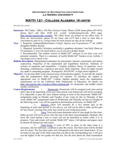 MATH 121 - College Algebra (4 units) - La Sierra University