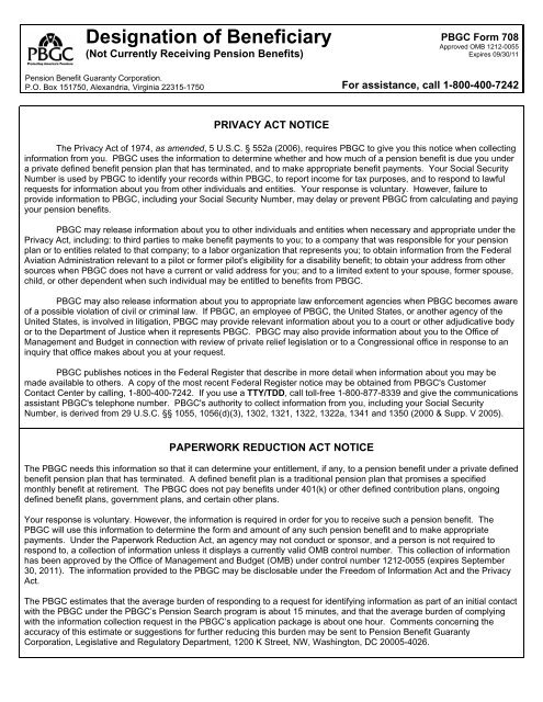 PBGC Form 708 - Pension Benefit Guaranty Corporation